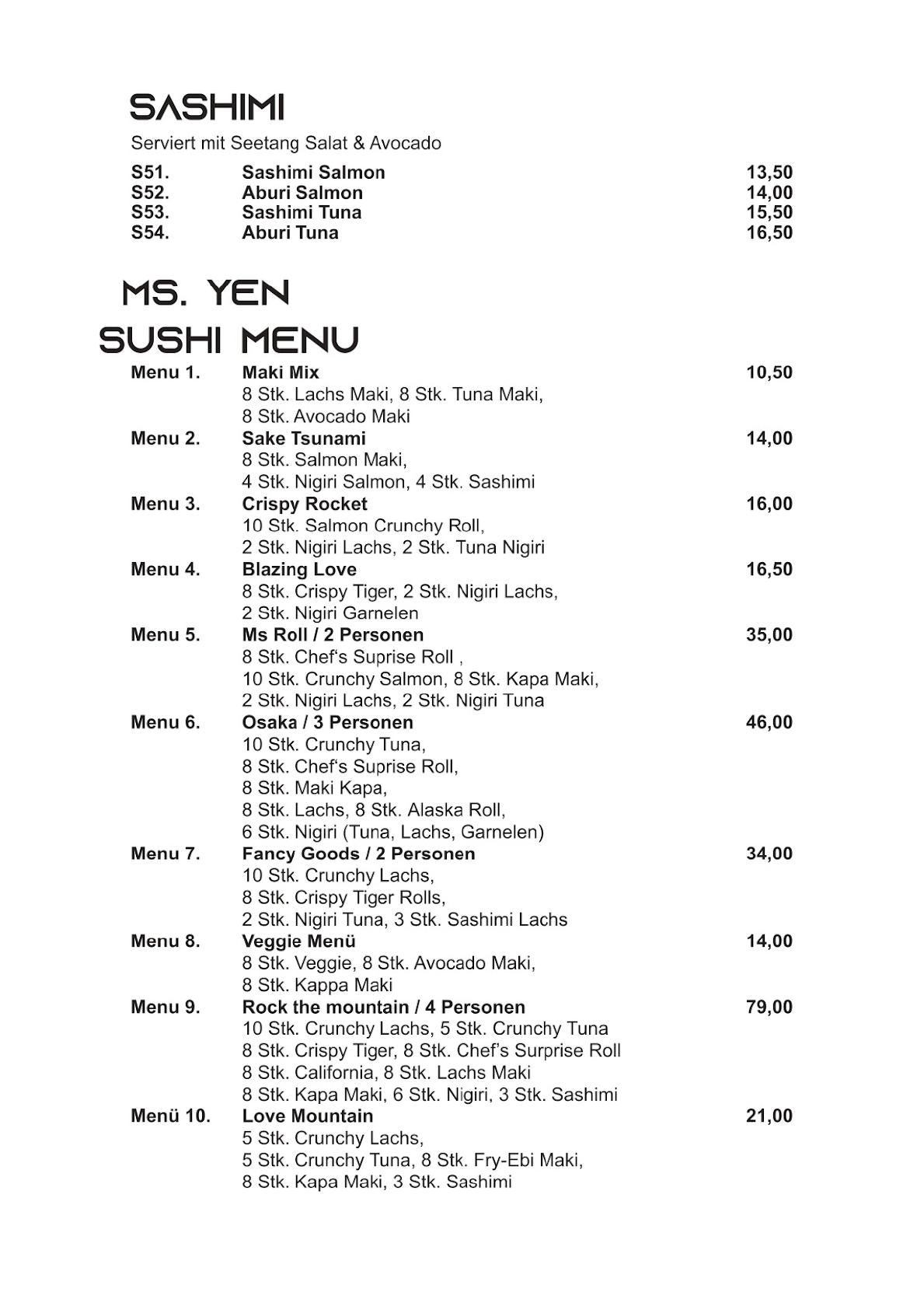 Speisekarte von MS. YEN - Sushi Bramsche restaurant, Bramsche