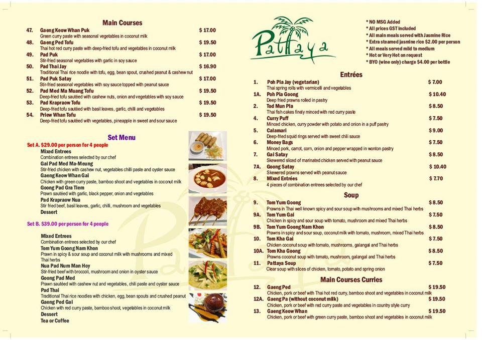 Menu at Pattaya Thai cuisine fast food, Auckland