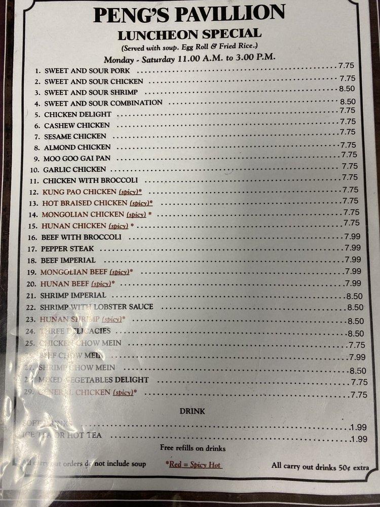 Menu at Peng's Pavilion restaurant, Calhoun
