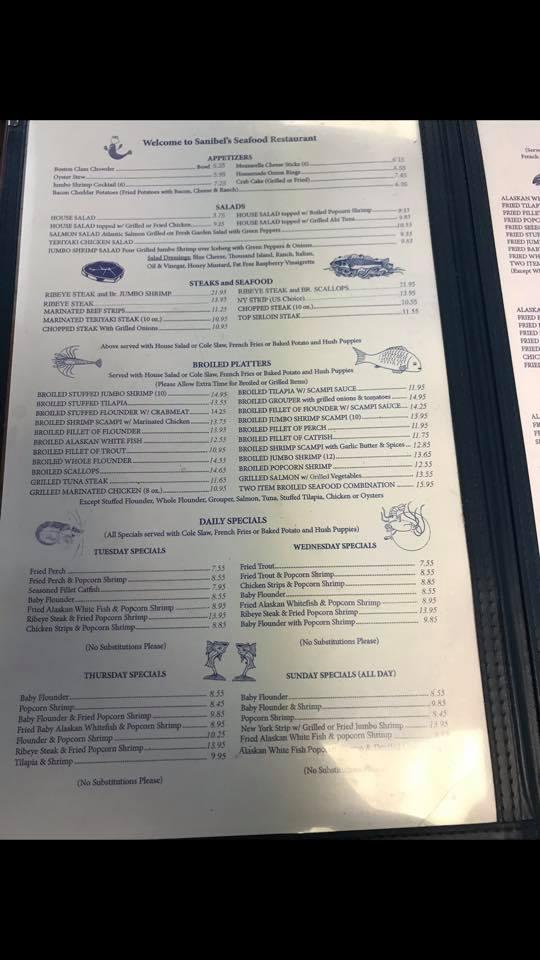 Menu at Sanibel's restaurant, High Point
