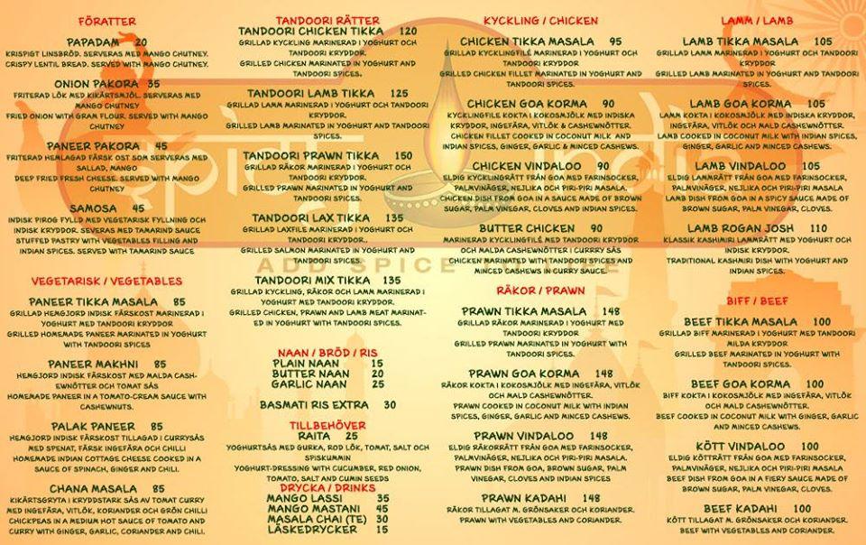 Menu at Spicy India restaurant, Linköping