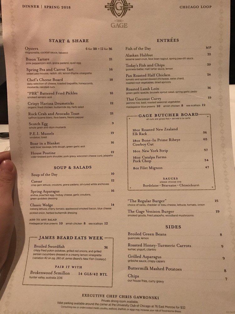 Menu at The Gage pub & bar, Chicago