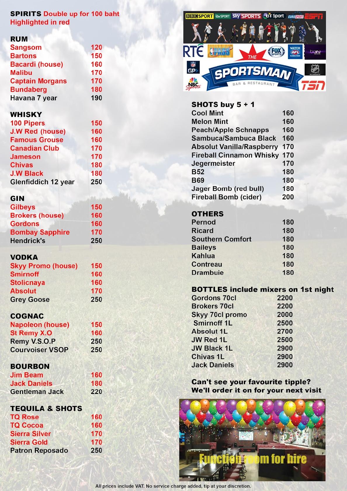 Menu at The Sportsman Sports Bar and Restaurant, Bangkok