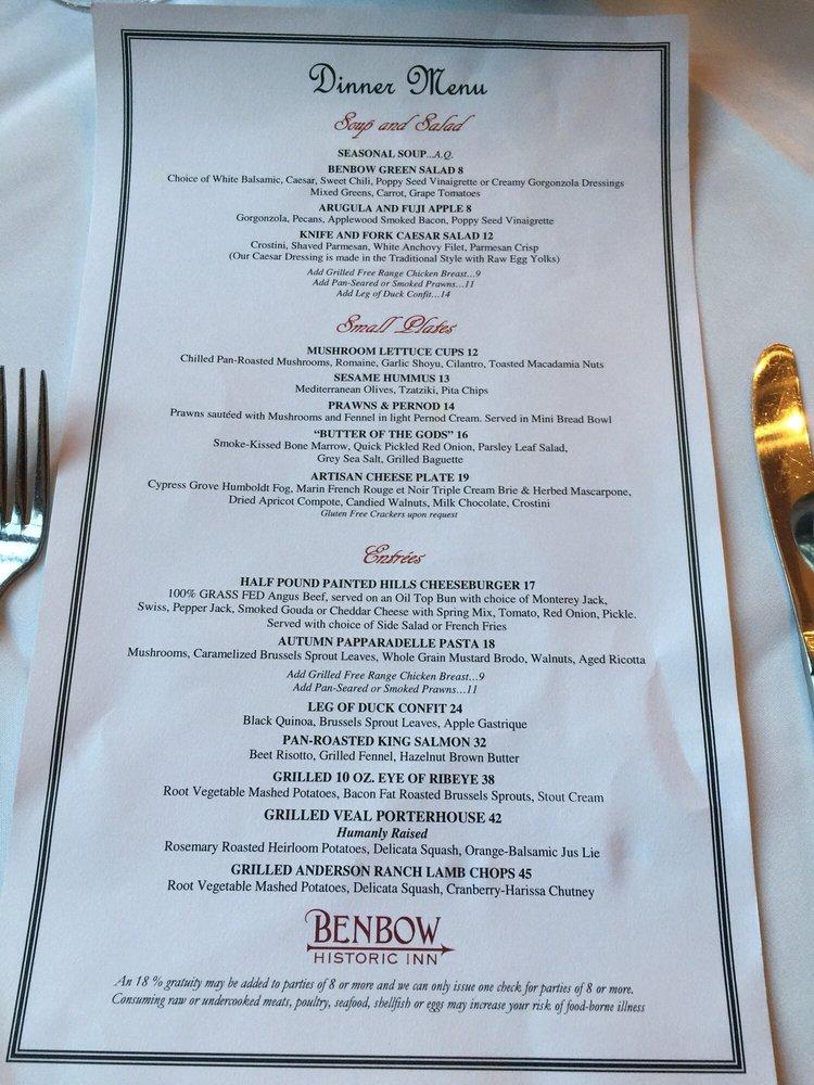 Menu at Benbow Historic Inn restaurant, Garberville