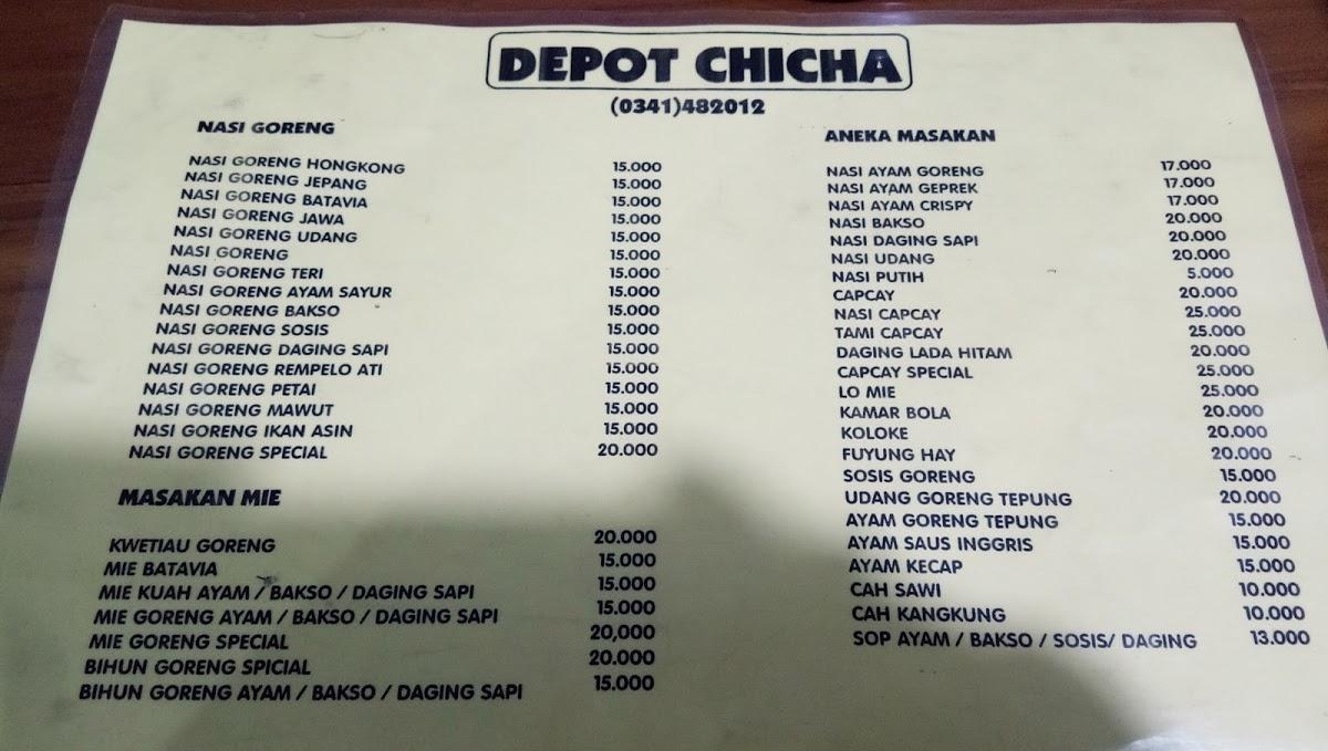 Menu at Depot Chica restaurant, Malang