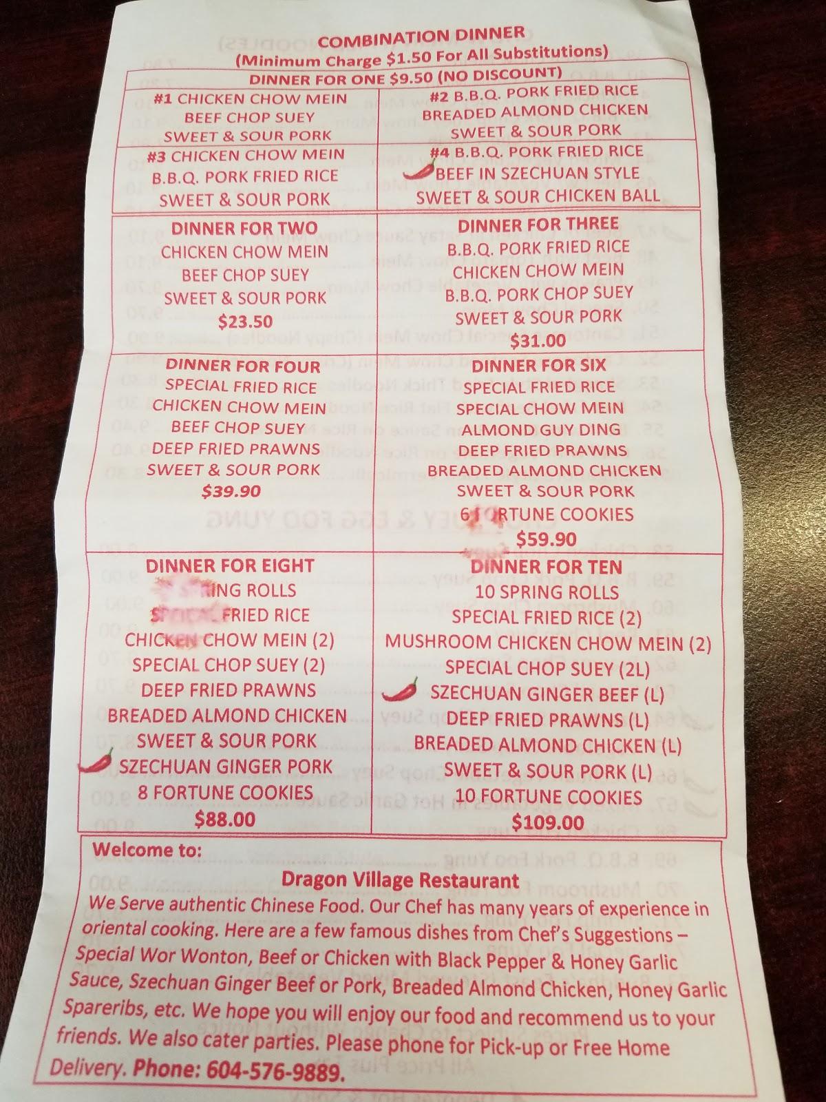 Menu at Dragon Village Restaurant & Won Ton House, Surrey