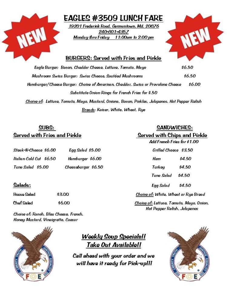Menu at Fraternal Order Of Eagles pub & bar, Germantown