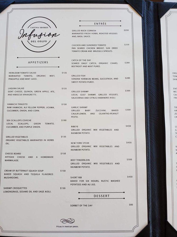 Menu at Infusion del Golfo restaurant, Puerto Peñasco
