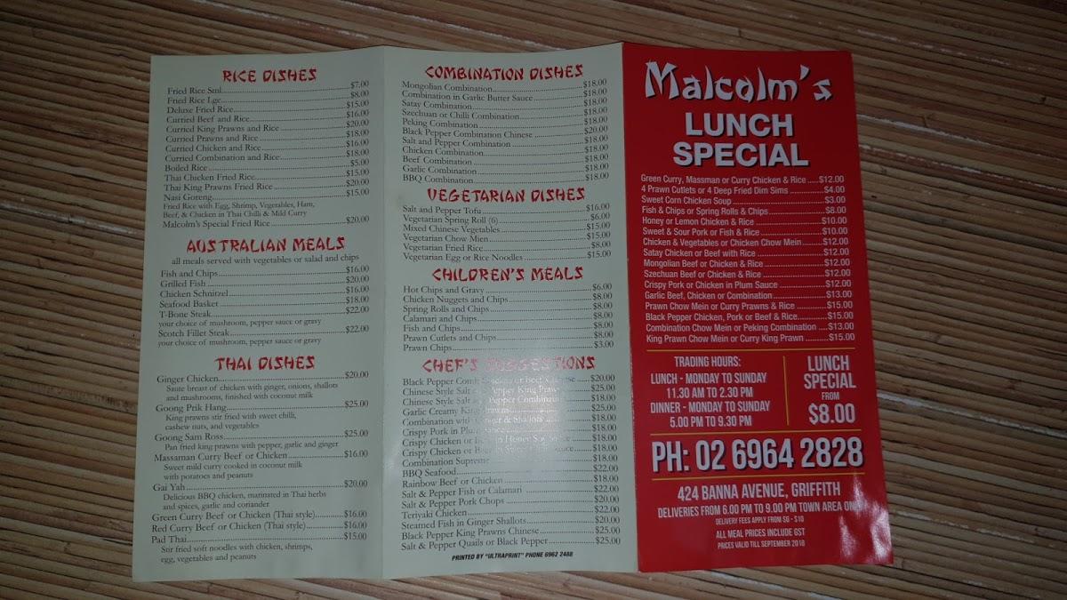 Menu at Malcolm's Chinese Restaurant, Griffith