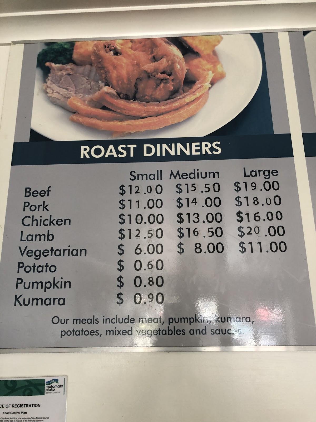 Menu at Matamata Roasts restaurant, Matamata