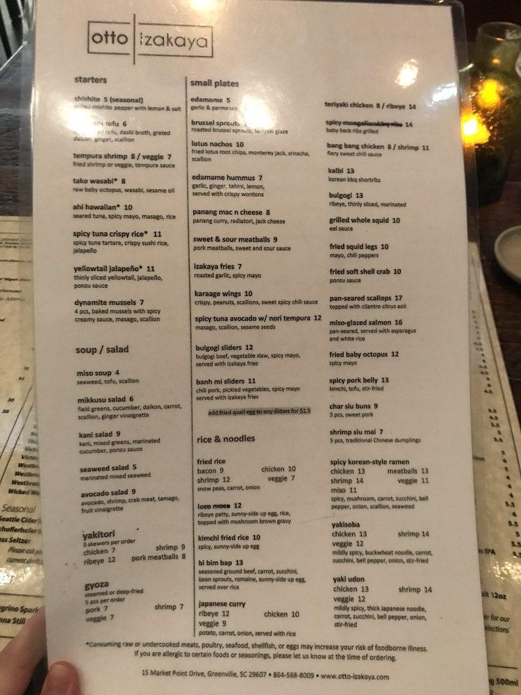 Menu at Otto Izakaya restaurant, Greenville, 15 Market Point Dr