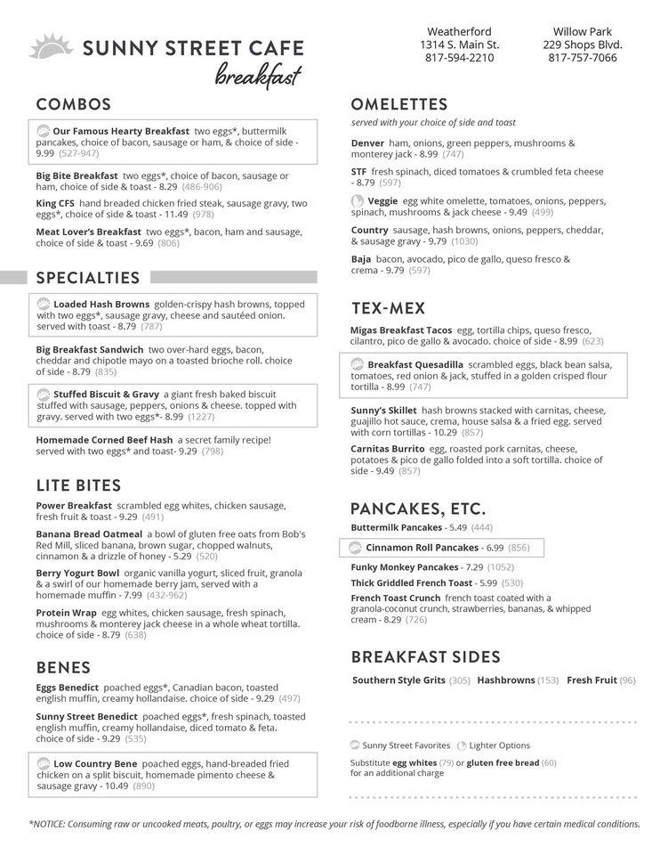 Menu at Sunny Street Cafe, Willow Park, 229 Shops Blvd Suite 103