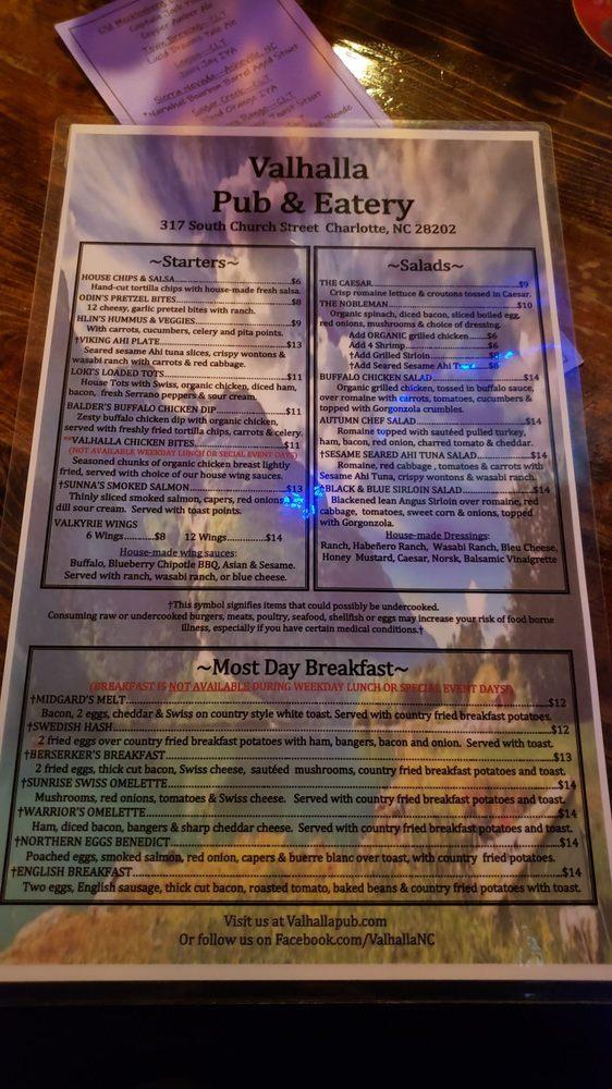 Menu at Valhalla Pub & Eatery, Charlotte