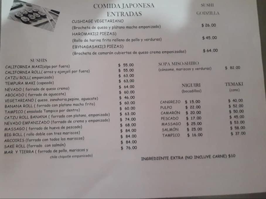 Menu at Comida Japonesa GODZILLA restaurant, Zapopan