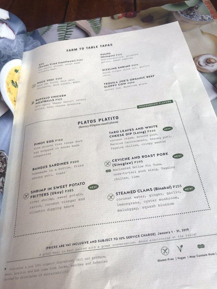 Menu at Green Pastures restaurant, Mandaluyong