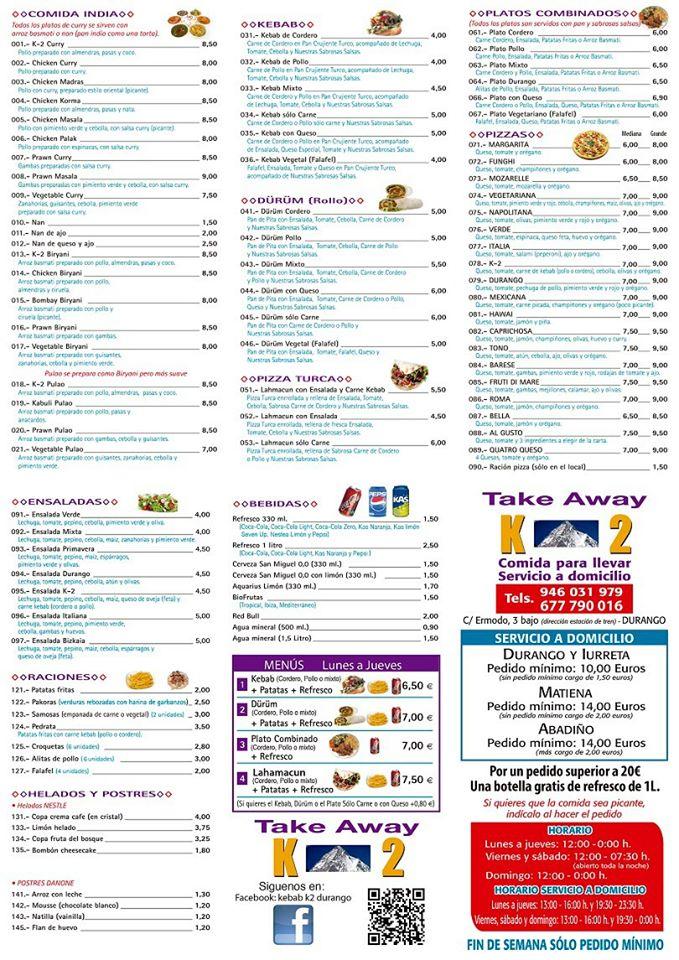 Menu at Kebab k2 restaurant, Durango