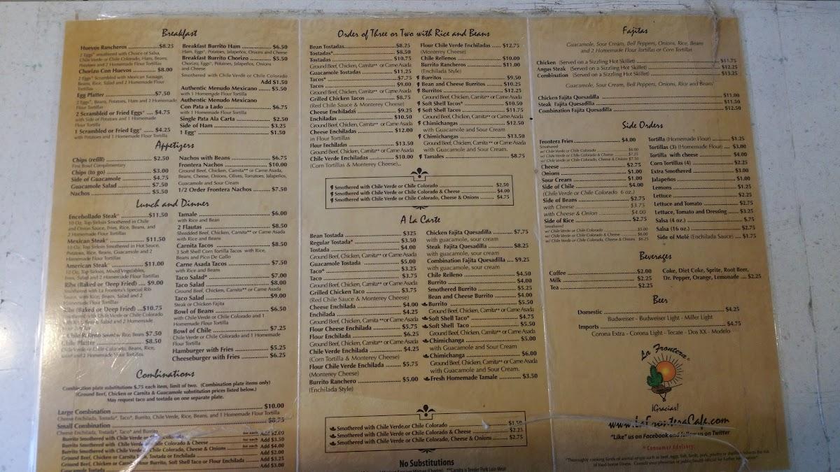 Menu at La Frontera Cafe, West Valley City, W 3500 S