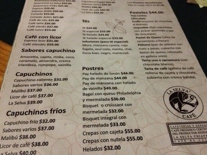 Menu at The Forest Cafe, Mexico City