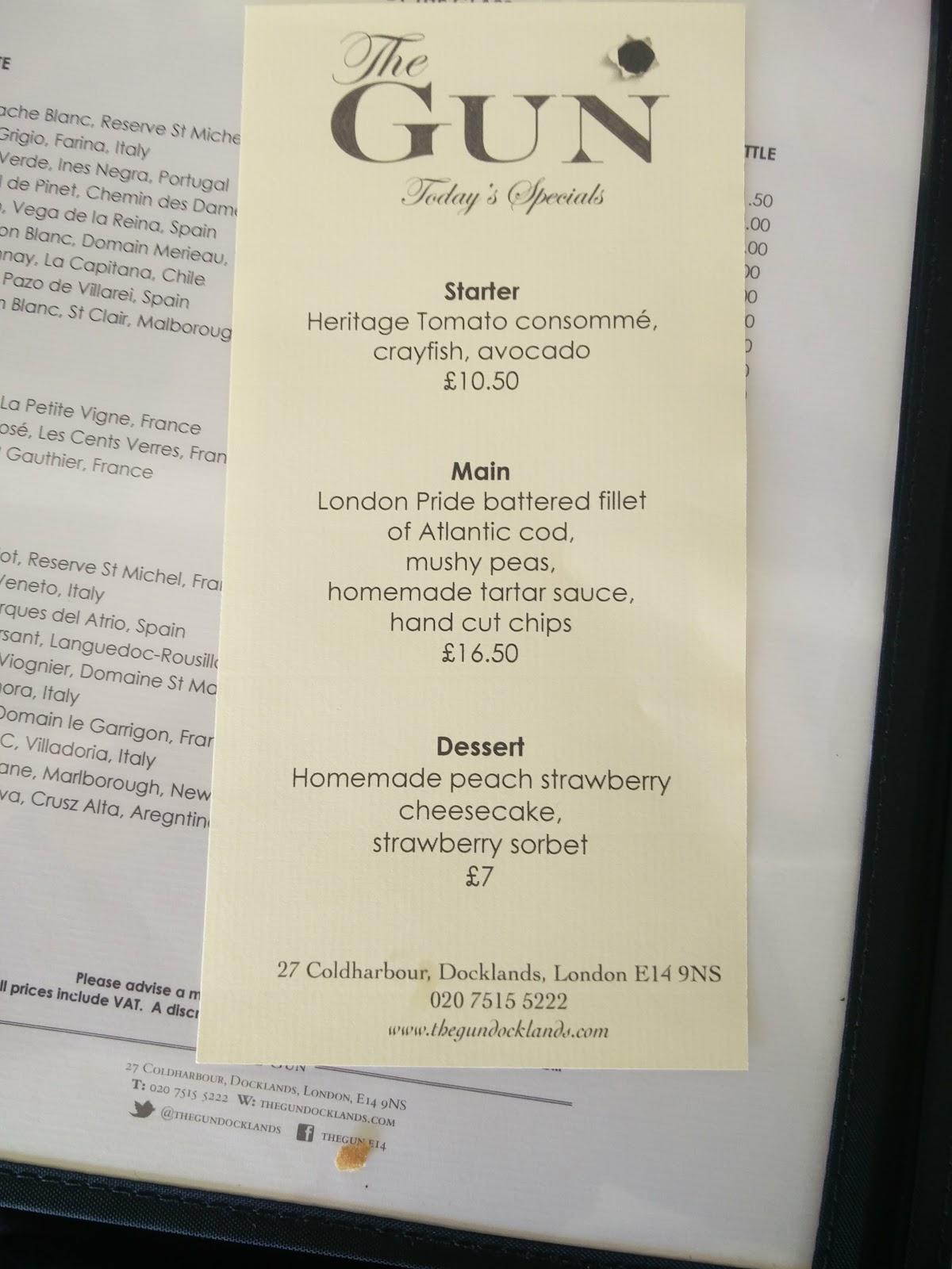 Menu at The Gun, Docklands pub & bar, London, Docklands