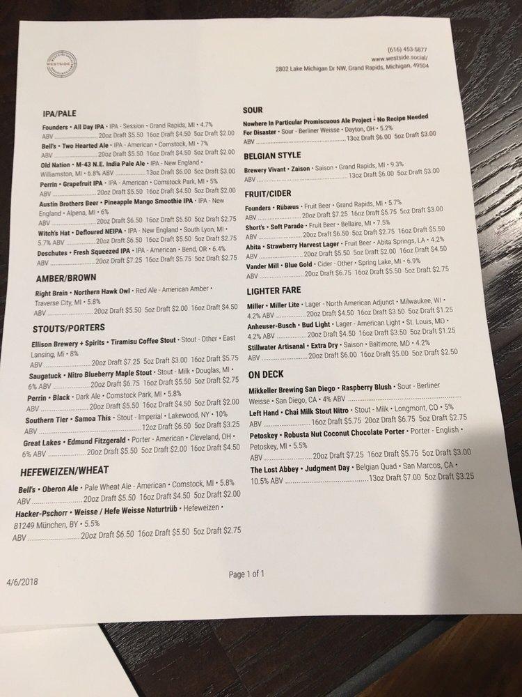 Menu at Westside Social pub & bar, Grand Rapids