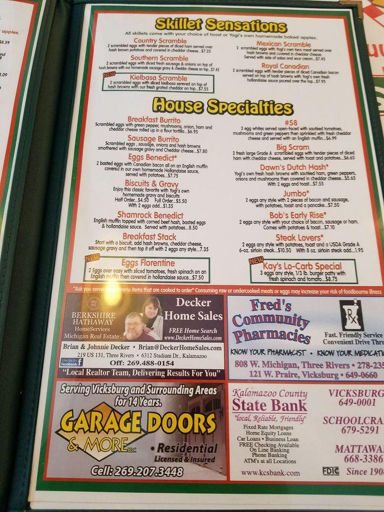 Menu at Yogi's restaurant, Vicksburg