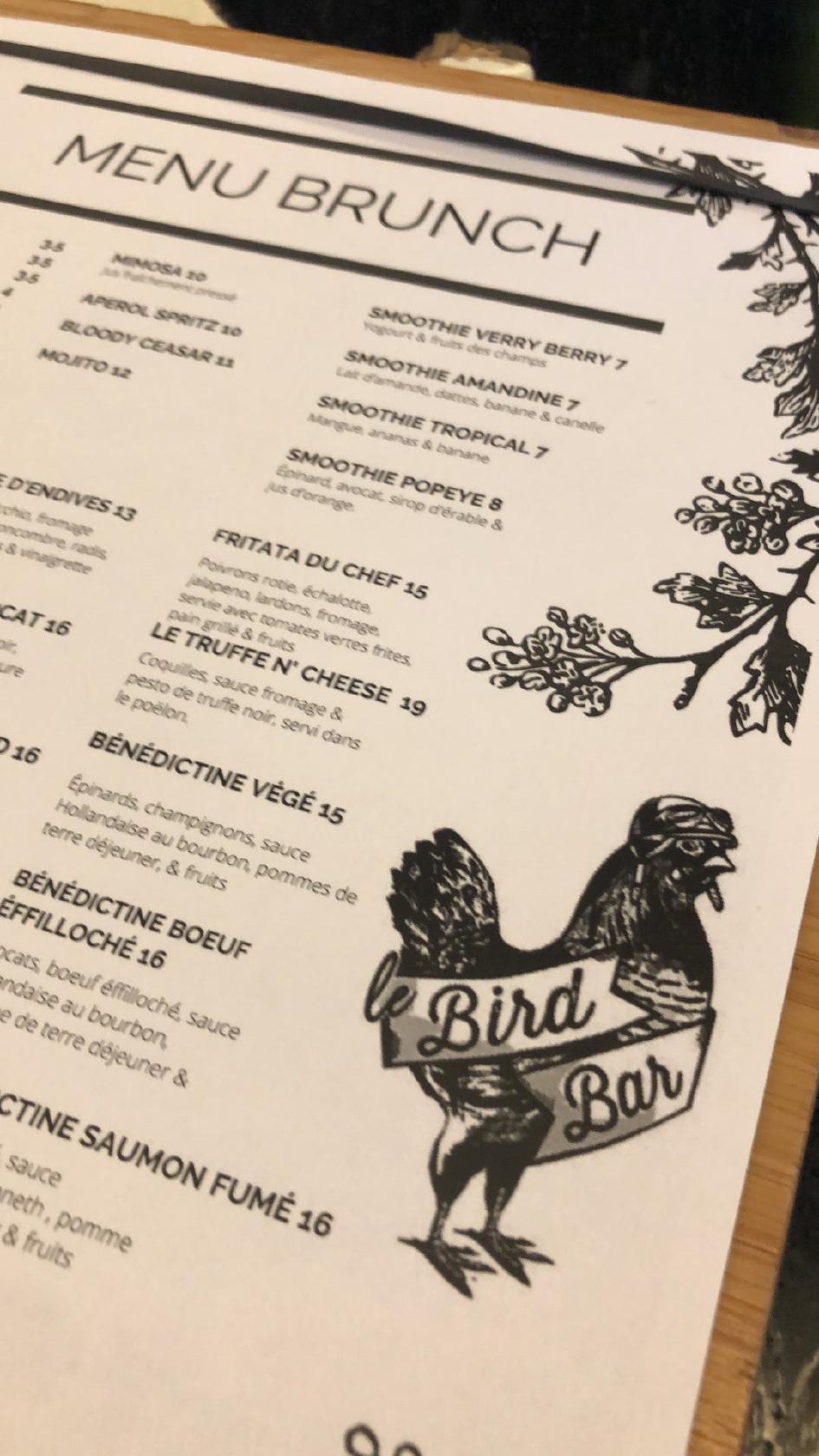 Menu at Bird Bar, Montreal
