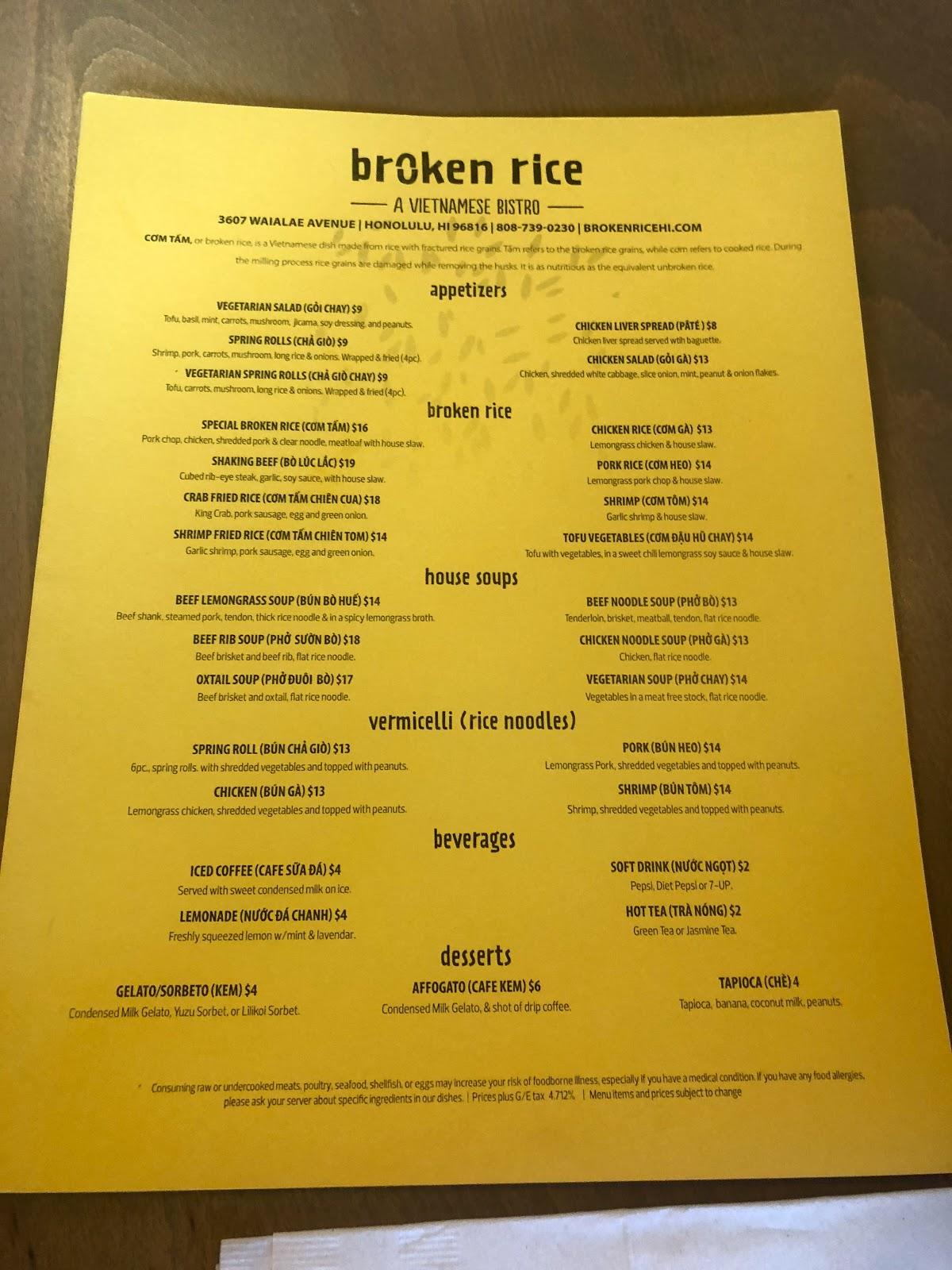 Menu at Broken Rice desserts, Honolulu