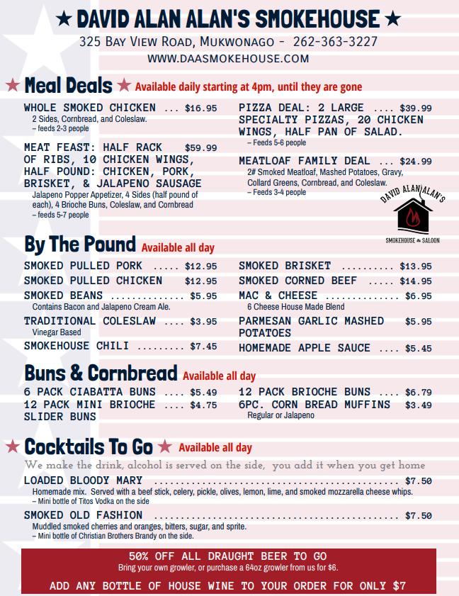 Menu at David Alan Alan's Smokehouse & Saloon restaurant, Mukwonago