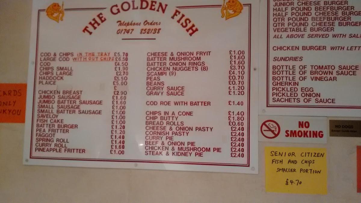 Menu at Golden Fish restaurant, Shaftesbury