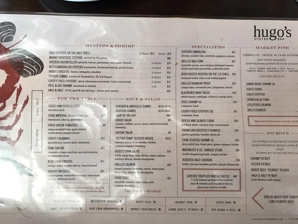 Menu at Hugo’s Oyster Bar, Roswell