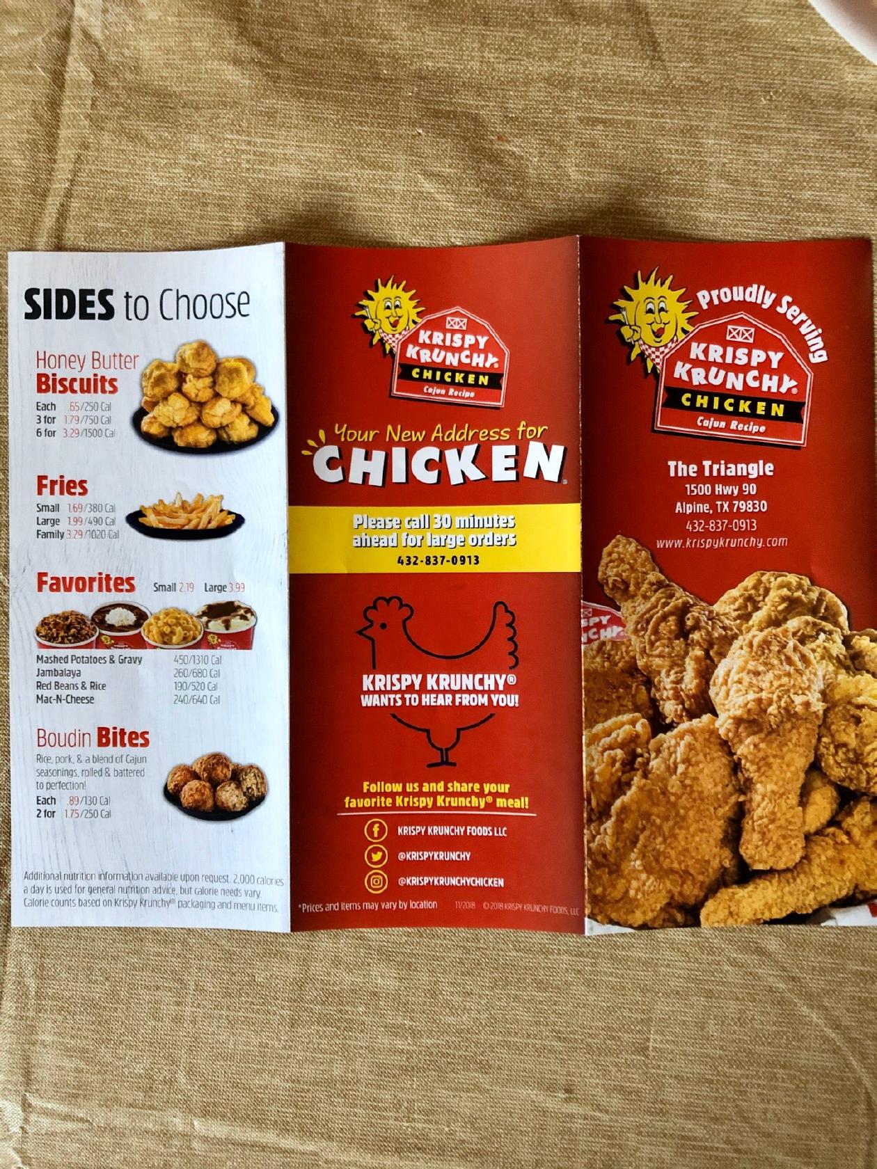 Menu at Krispy Krunchy Chicken fast food, Alpine, W Highway 90