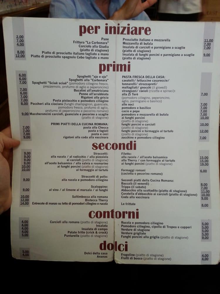 Menu at La Carbonara (Monti) restaurant, Rome, Via Panisperna
