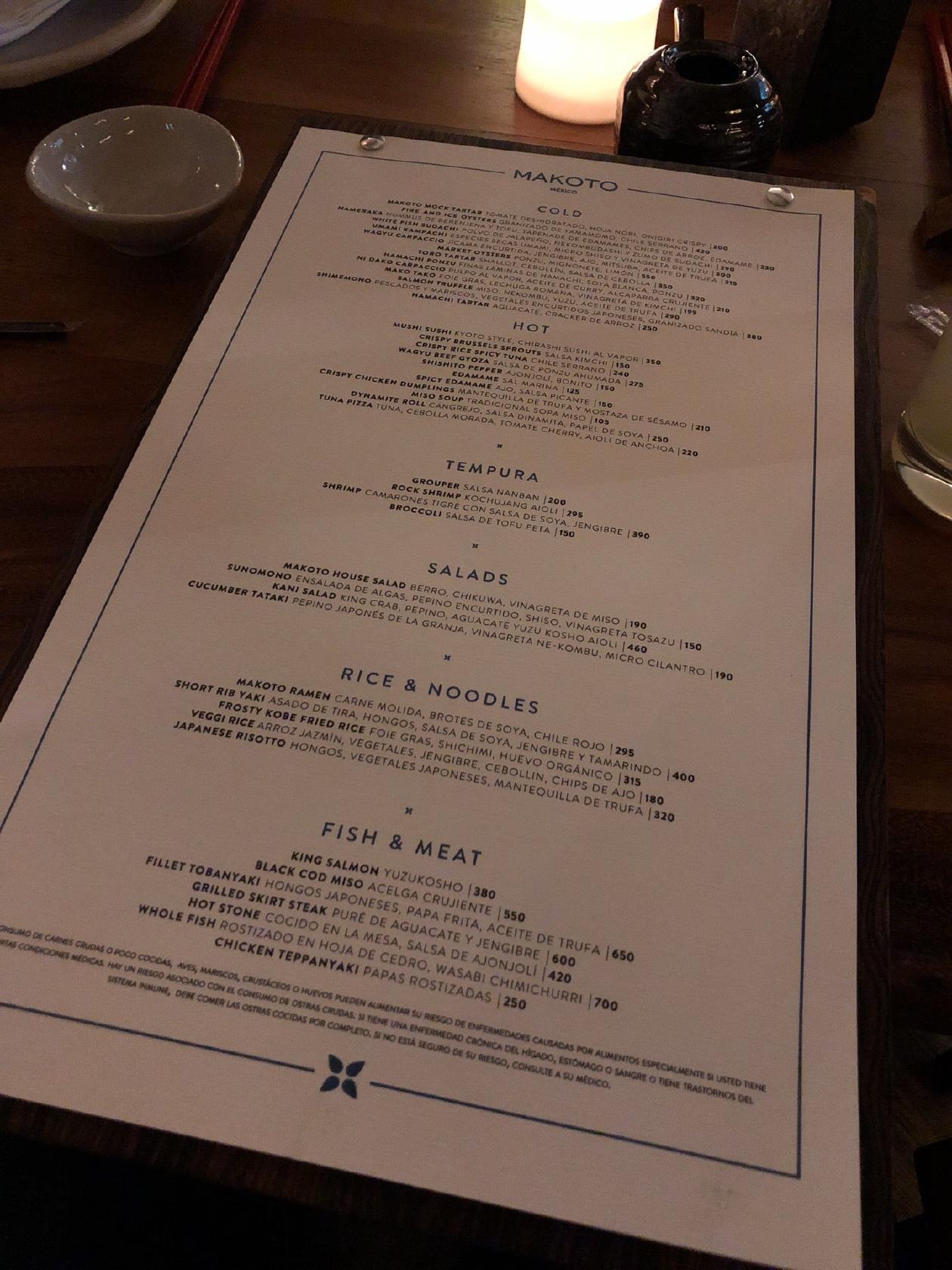 Carta del restaurante Makoto, Ciudad López Mateos