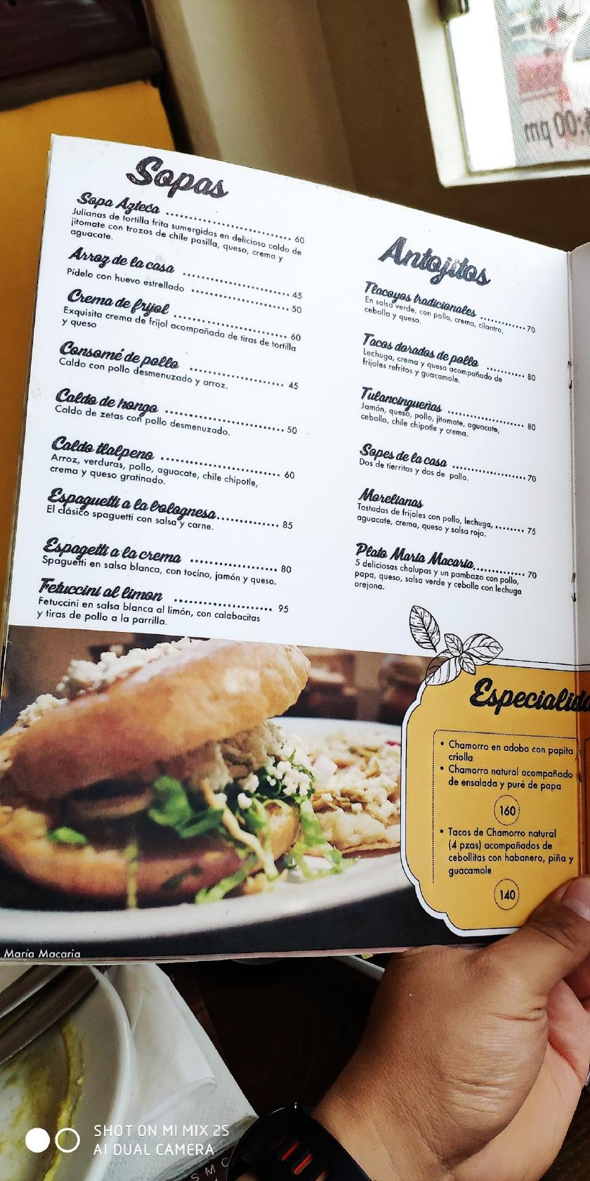 Carta del restaurante Maria Macaria, Pachuca del Soto