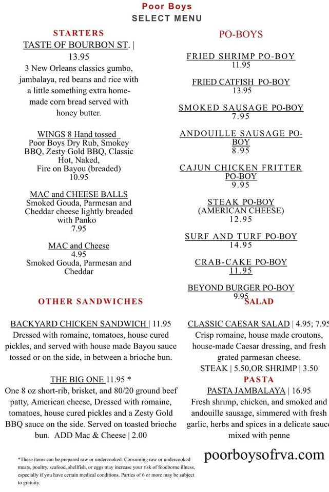Menu at Poor Boys of Richmond restaurant, Richmond