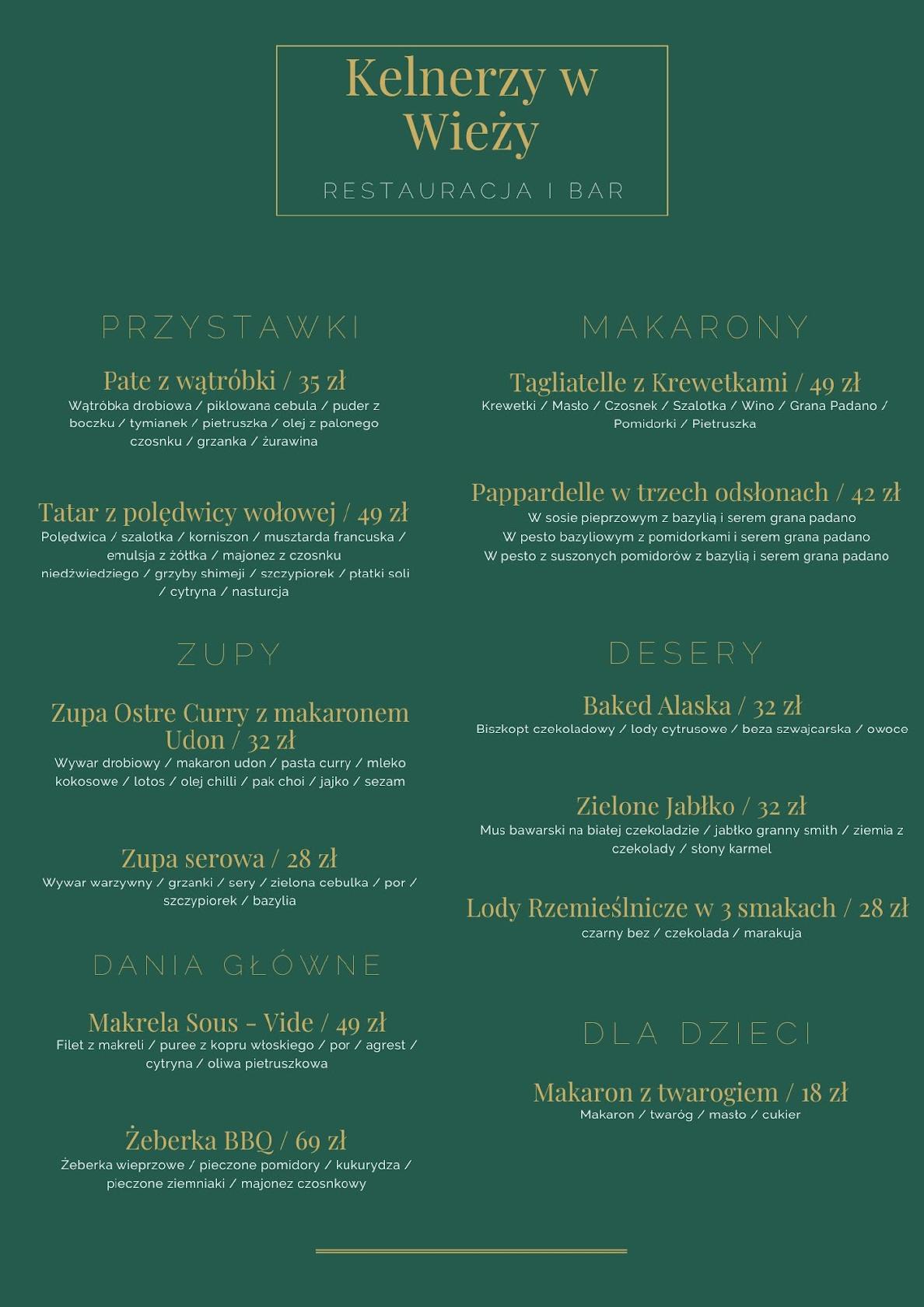Menu at Restauracja Kelnerzy w wieży restaurant, Zabrze