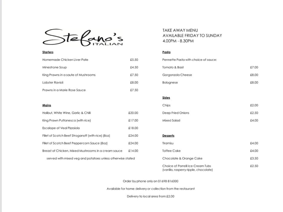 Menu at Stefano's Italian Restaurant, Uddingston, 84 Main St