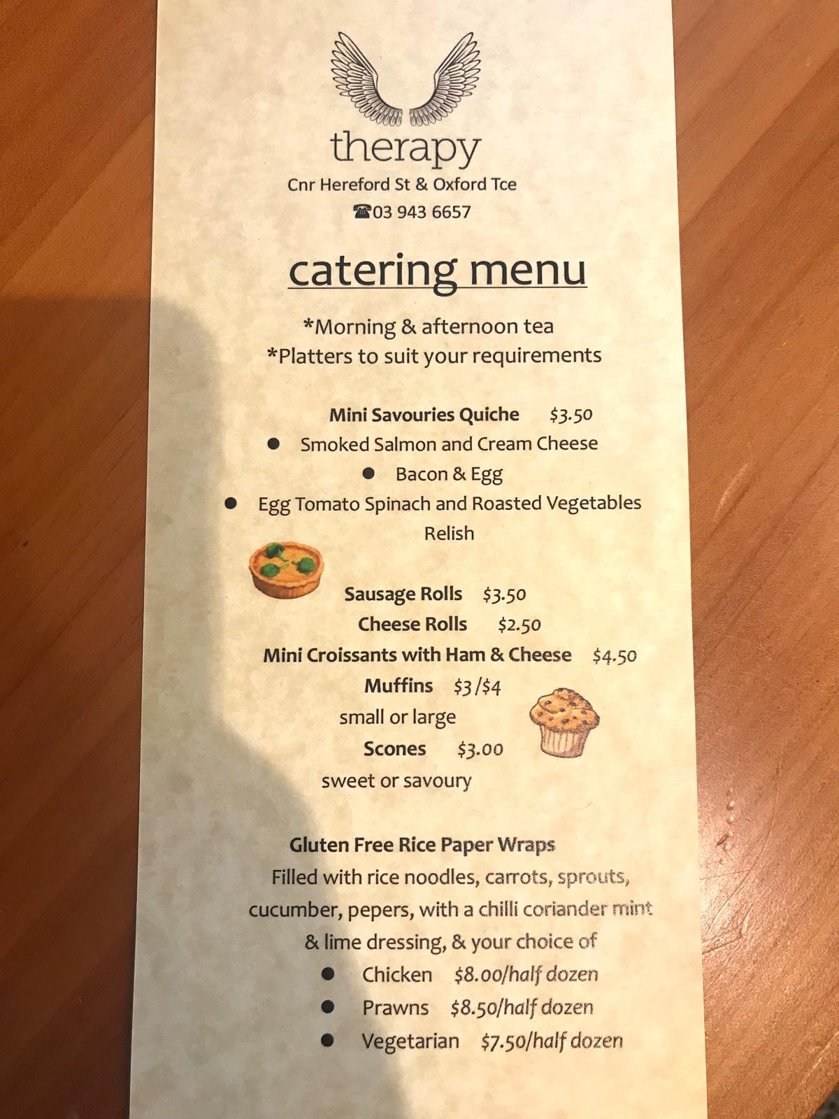 Menu at Therapy Coffee cafe, Christchurch, 77 Hereford St