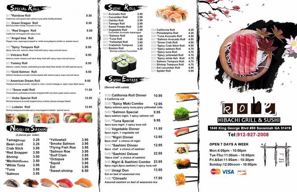 Menu at Kobe Hibachi Grill & Sushi restaurant, Savannah