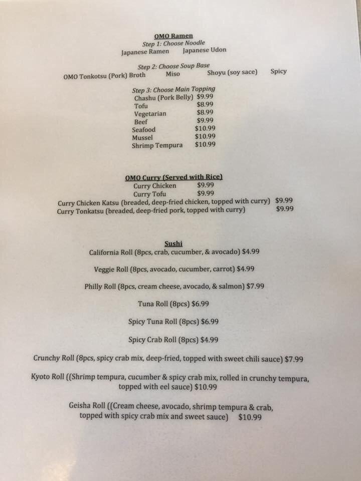 Menu at OMO Japanese Soul Food restaurant, Springfield