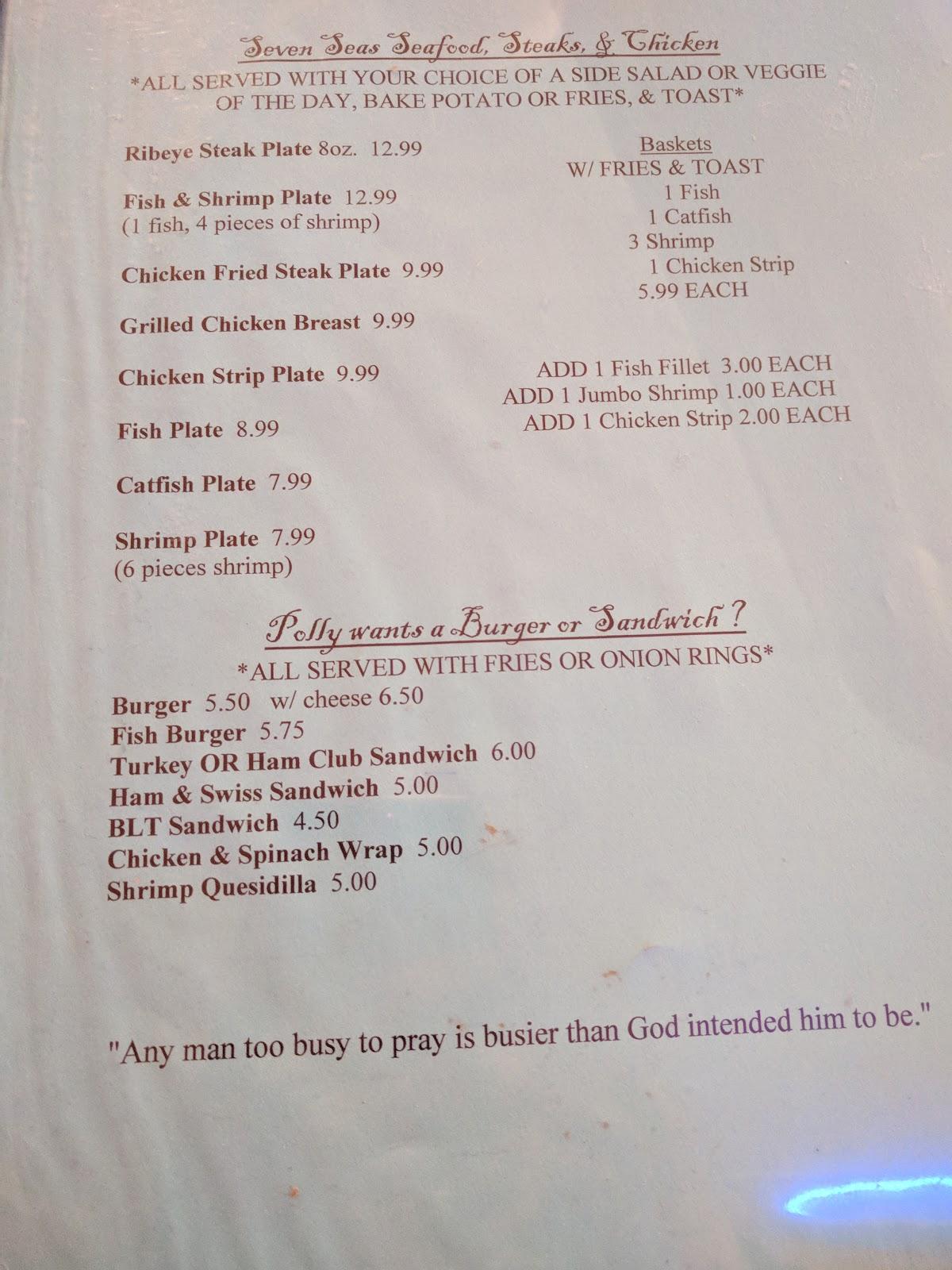 Menu at Pirates Cove Cafe, Lytle