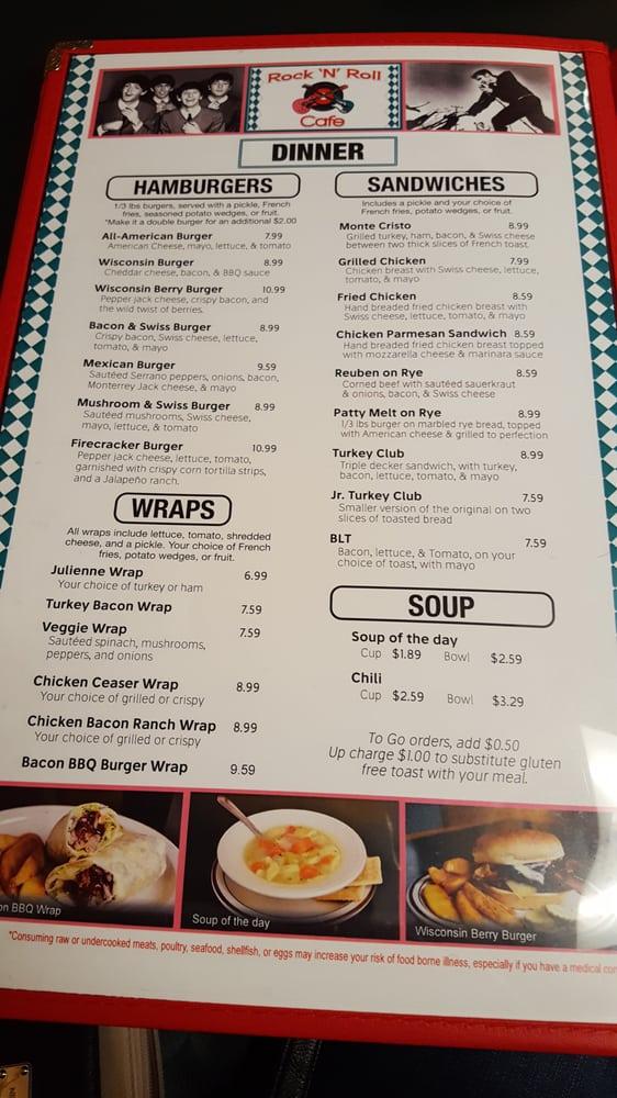 Menu at Rock N Roll Cafe, Stevens Point