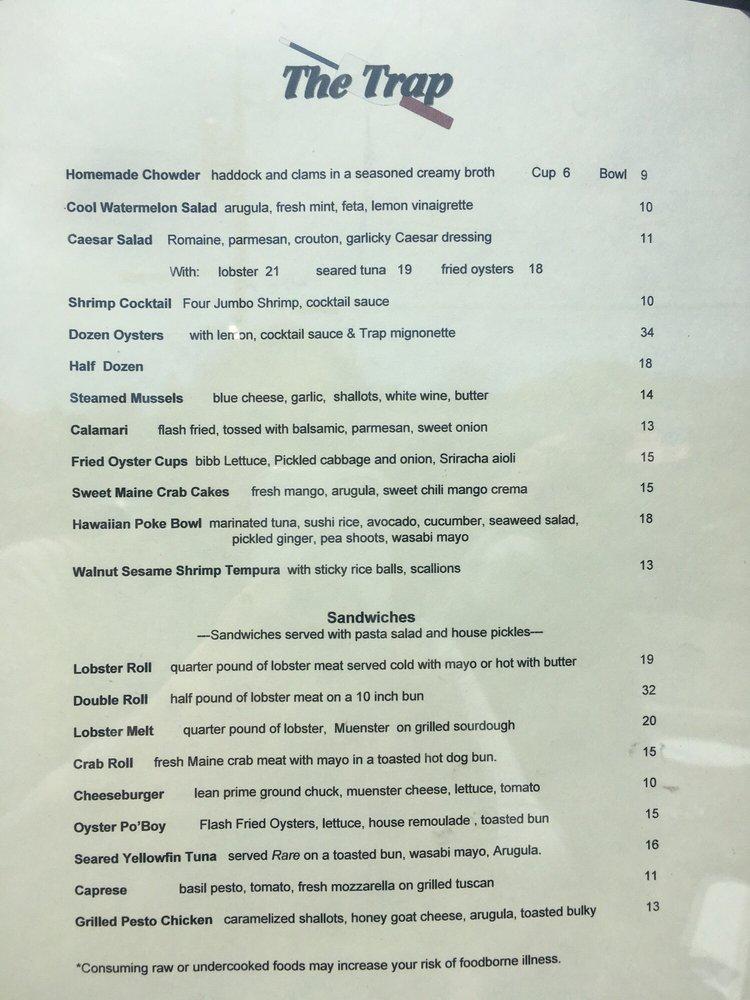 Menu at The Trap restaurant, Ogunquit
