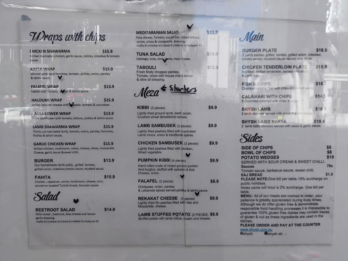 Menu at shysh restaurant, South Brisbane