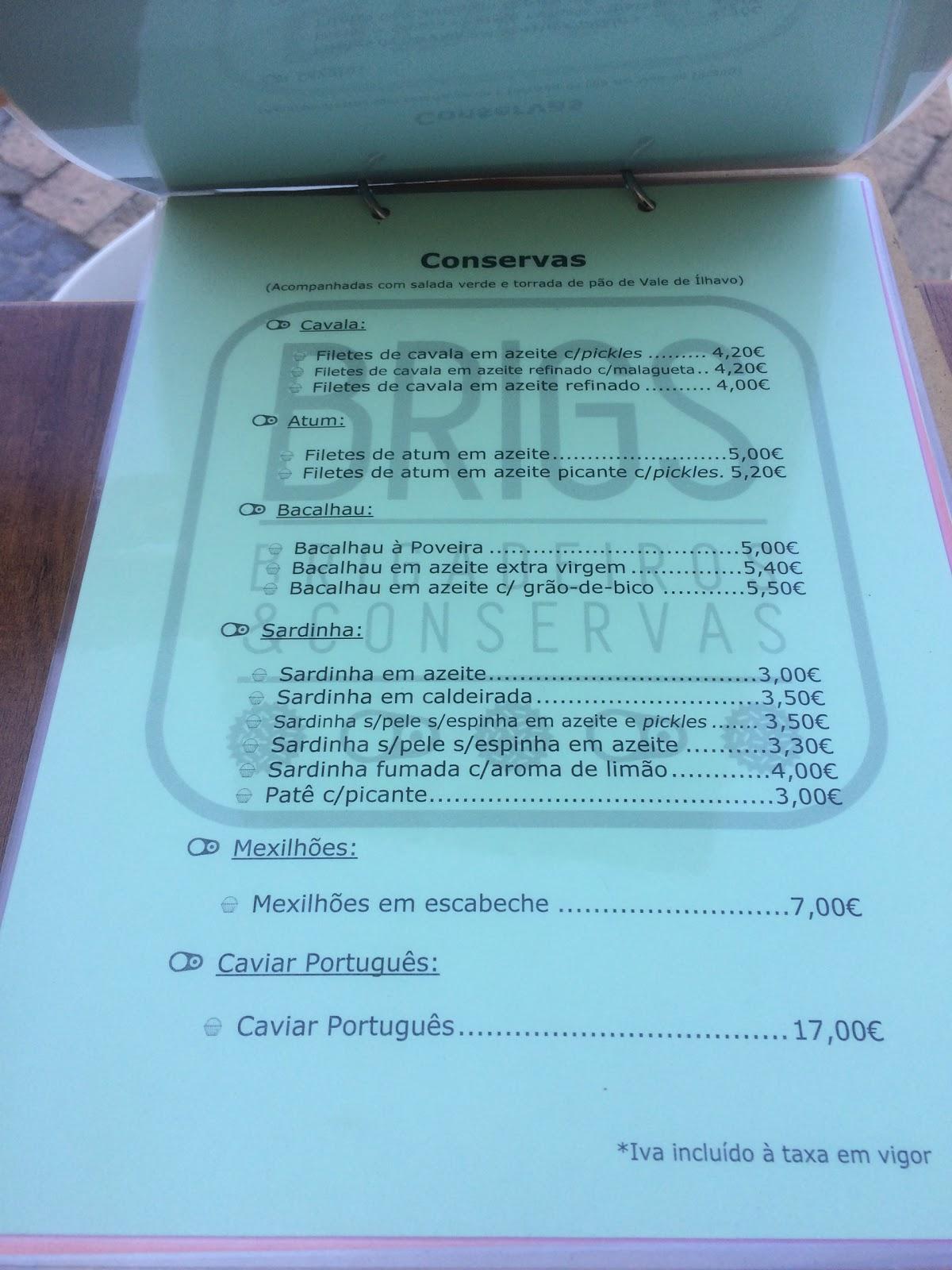Menu em Brigs café, Aveiro