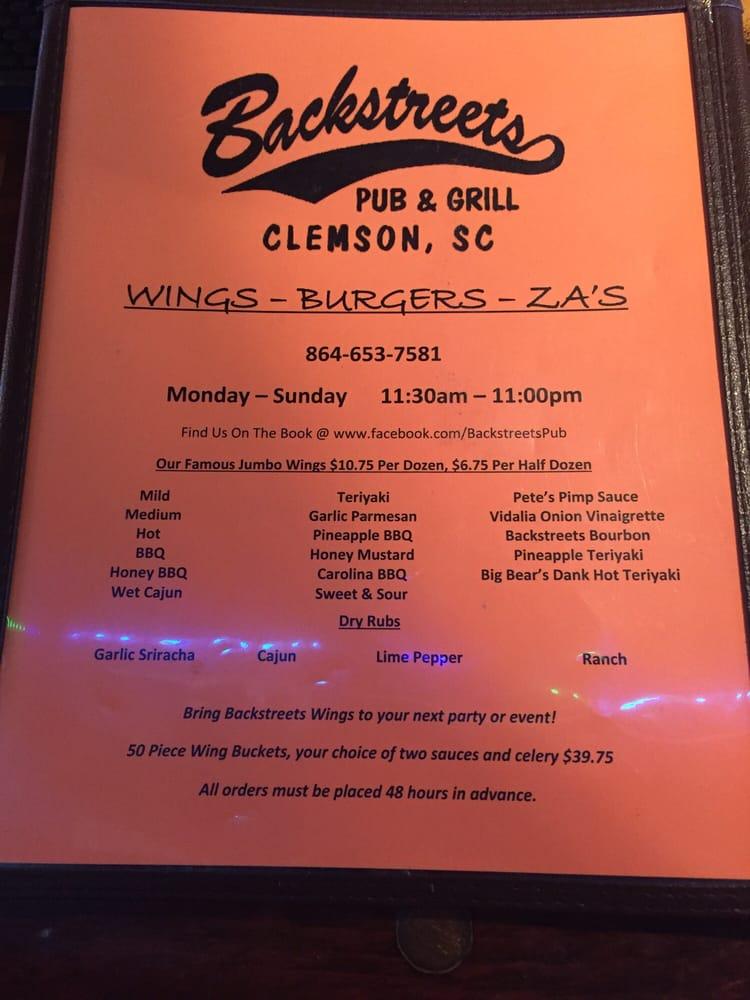 Menu at Backstreets Pub & Grill, Clemson