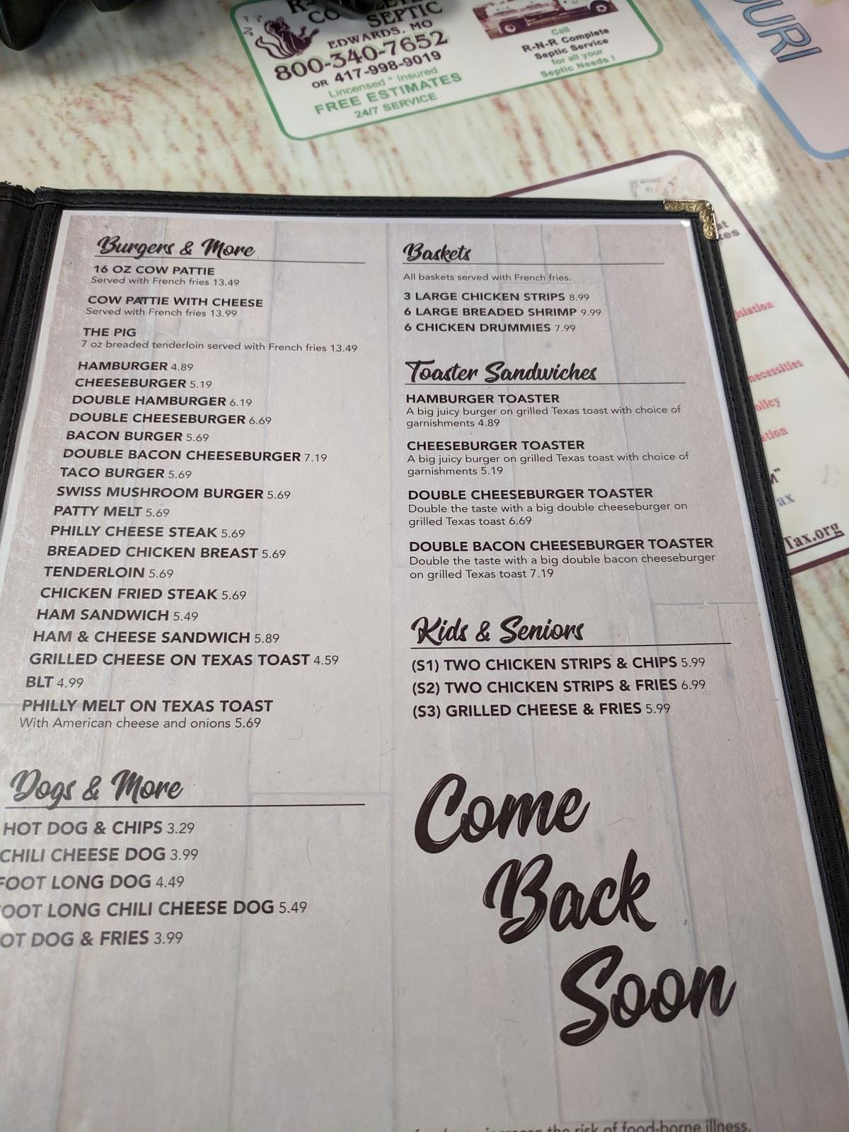 Menu at Cow Patties restaurant, Warsaw