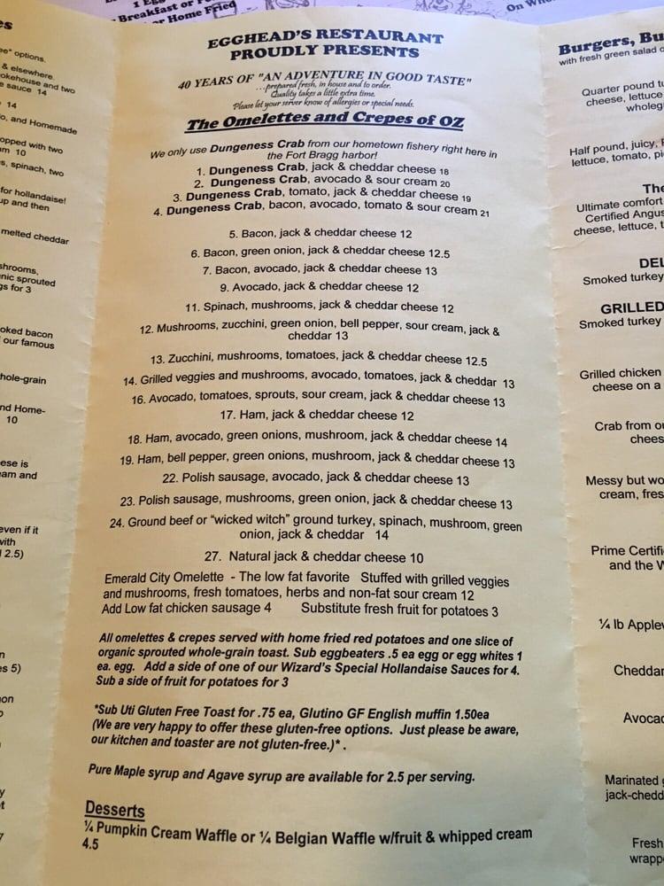 Menu at Egghead's Restaurant, Fort Bragg