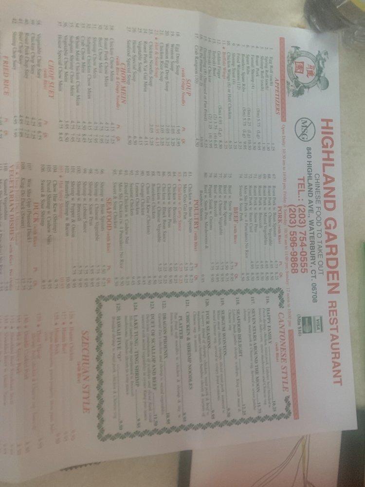 Menu at Highland Garden restaurant, Waterbury, 840 Highland Ave