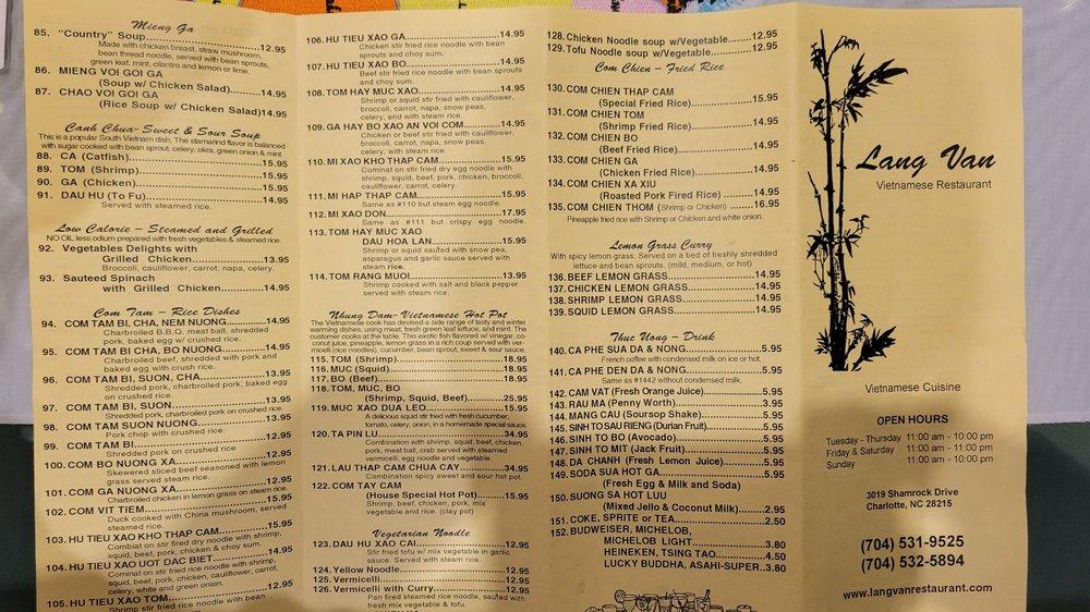 Menu at Lang Van restaurant, Charlotte